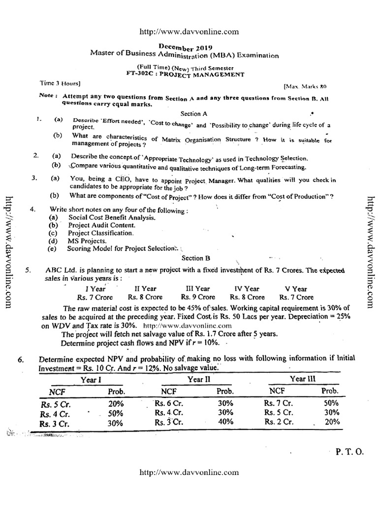 Mba 3 Sem Project Management DN 226 Dec 2019 | PDF