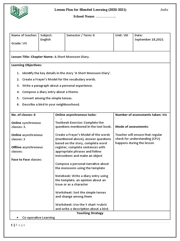 A Short Monsoon Diary - Grade 8 - English NCERT - Final | PDF | Lesson ...