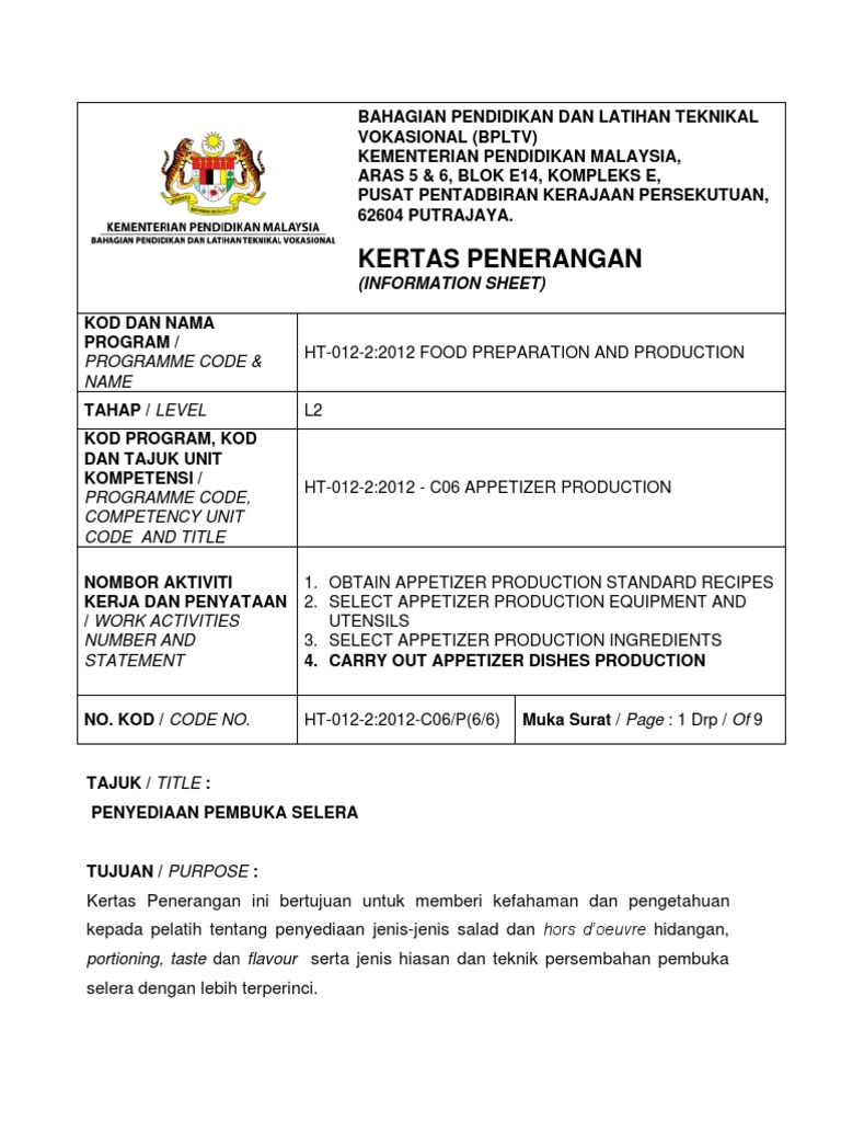 Kertas Penerangan: Programme Code & Name | PDF | Memasak, Makanan ...