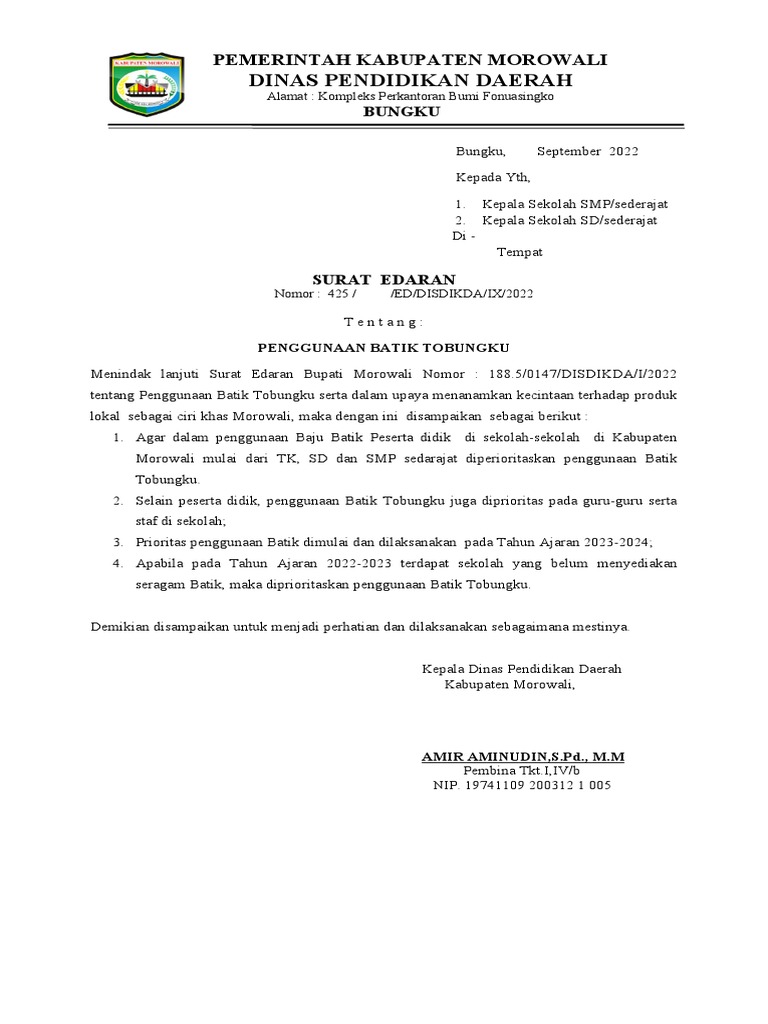 Surat Edaran Kadis (Batik Tobungku) | PDF
