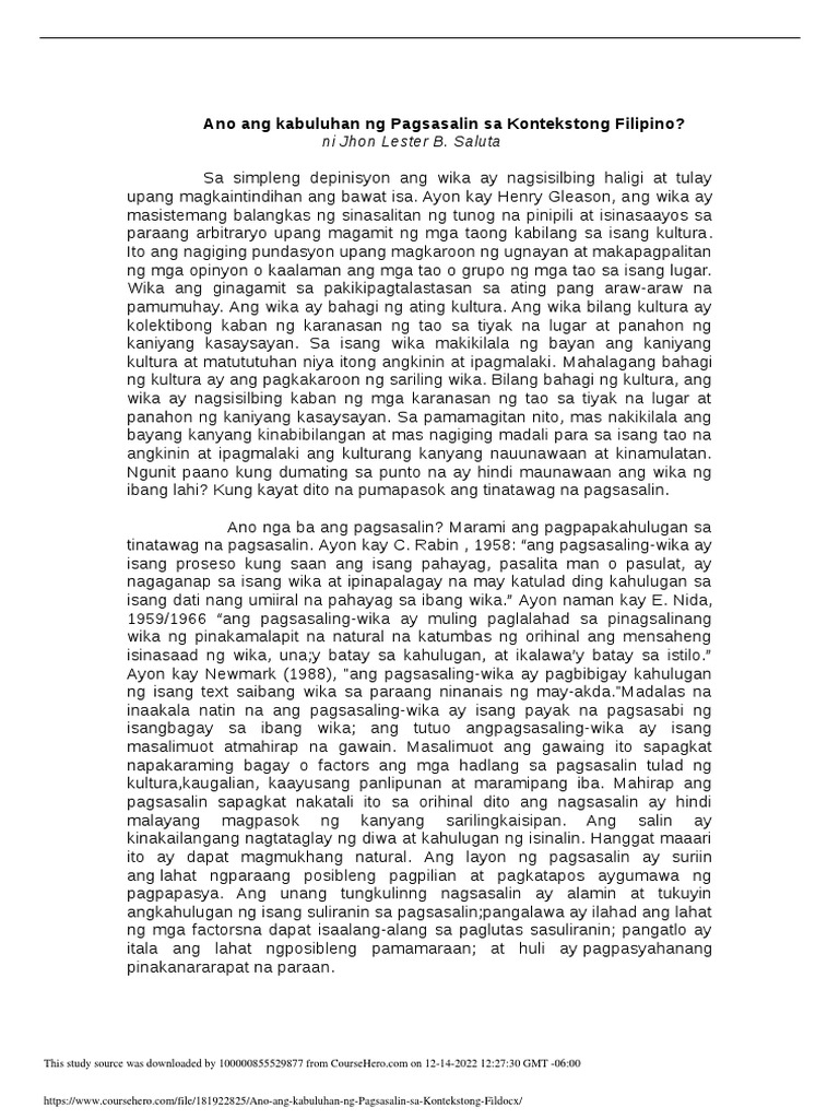 Ano Ang Kabuluhan NG Pagsasalin Sa Kontekstong Fil | PDF