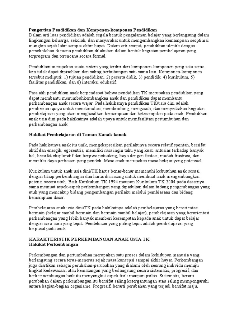 Pengertian Pendidikan Dan Komponen PAUD | PDF | Karier & Perkembangan | Kesehatan Holistik