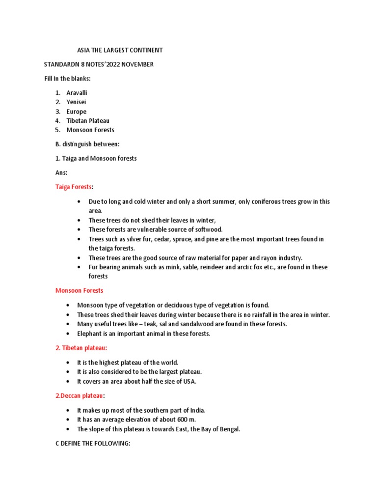 ASIA THE LARGEST CONTINENT Notes 1 | PDF | Forests | Himalayas