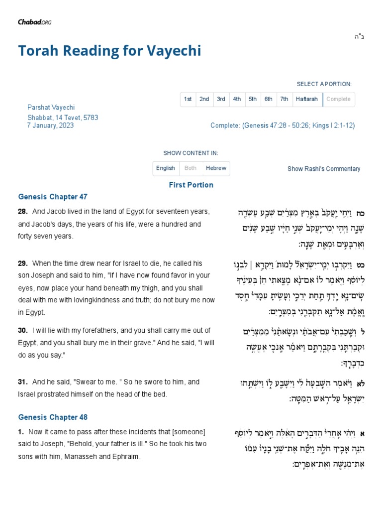 Vayechi Torah Reading - Parshah | PDF | Jacob | Book Of Genesis