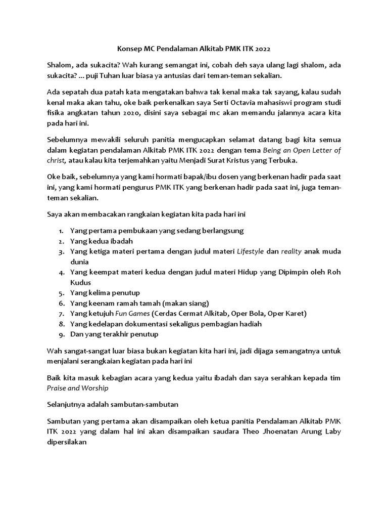 Konsep MC Pendalaman Alkitab PMK ITK 2022 | PDF
