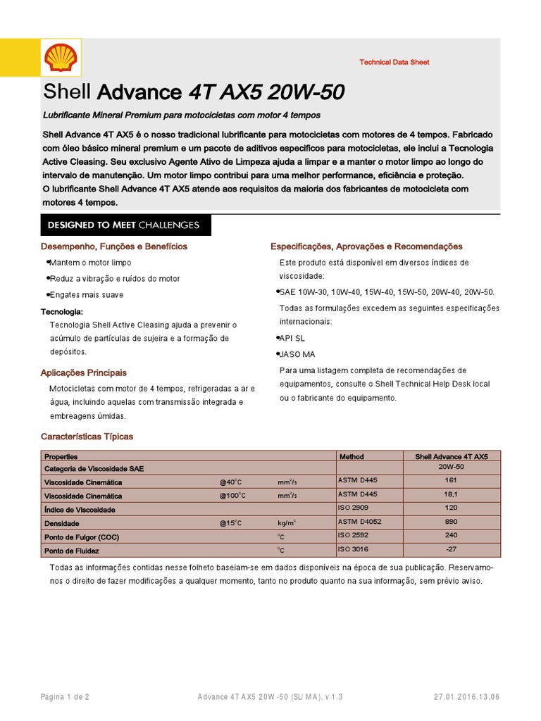 Shell Advance 4T AX5 20W-50 | PDF | Óleo de motor