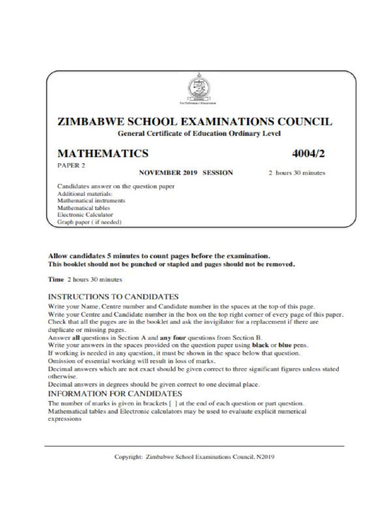 Mathematics Past Exam Paper 2 With Answers For Zimsec O Level November ...