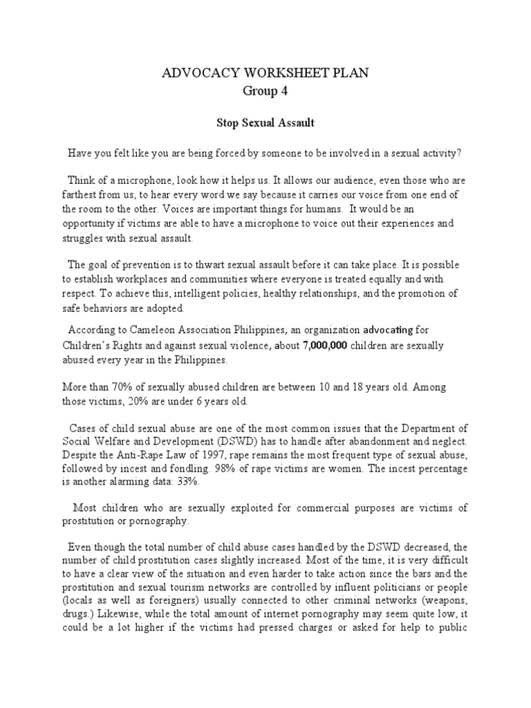 Advocacy Worksheet Plan 2 | PDF | Child Sexual Abuse | Sexual Assault