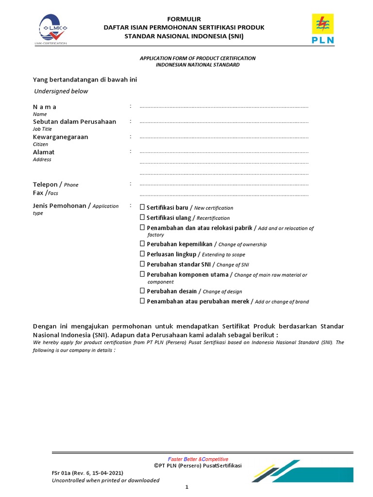 FSR 01a Daftar Isian Permohonan Sertifikasi Produk SNI | PDF