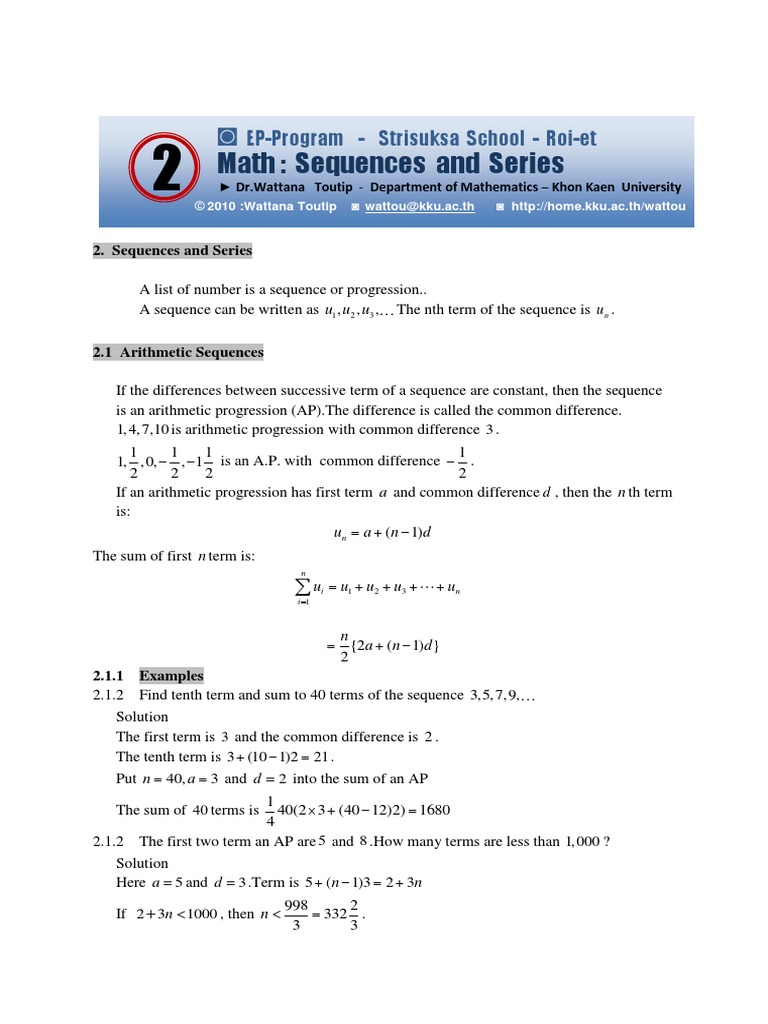 Math: Sequences and Series: EP-Program - Strisuksa School - Roi-Et | PDF | Sequence | Numbers