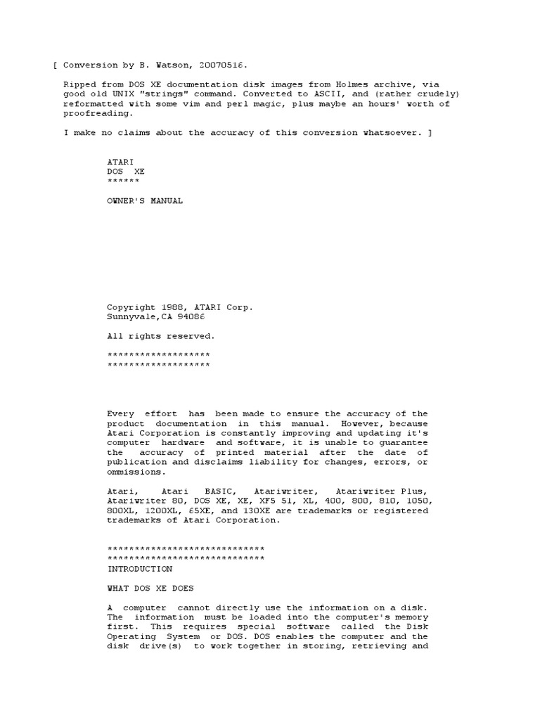 Atari DOS XE Owner's Manual | PDF | Computer File | Dos