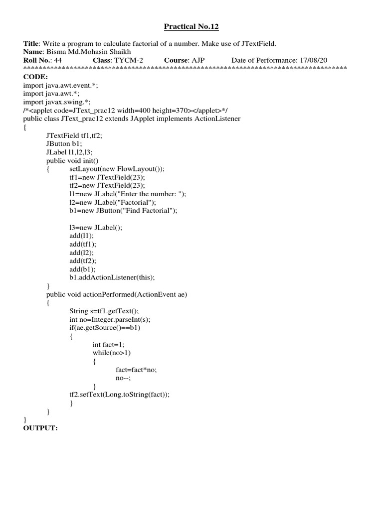 Calculate factorial using JTextField | PDF