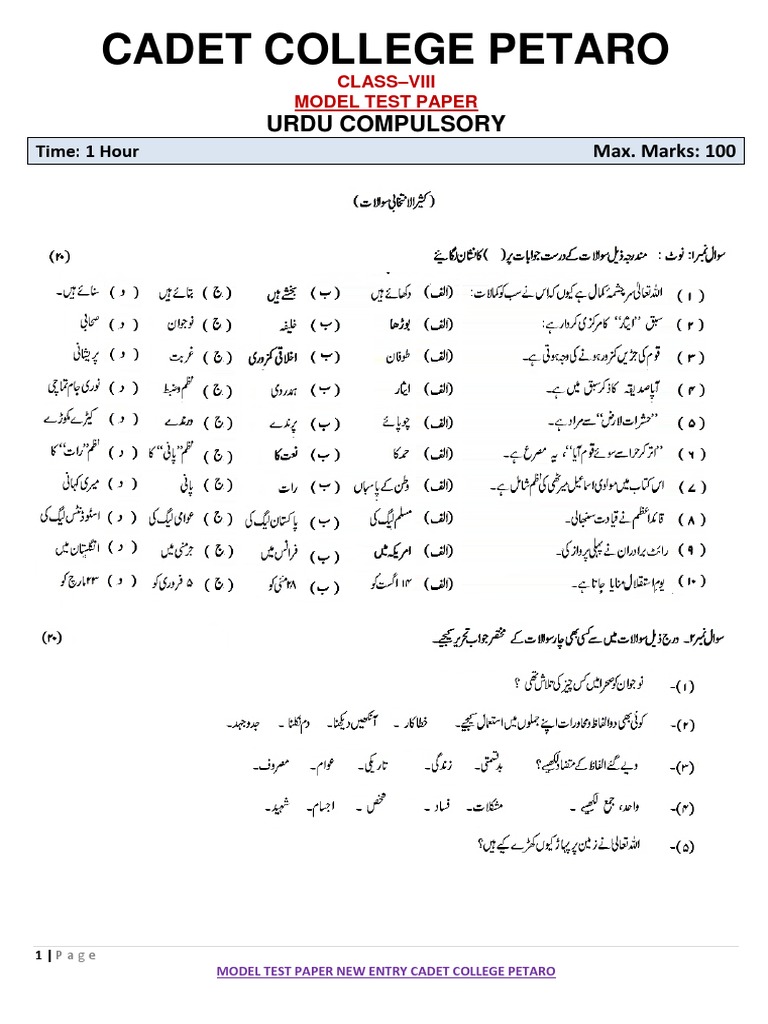 Urdu Model Test Paper Viii | PDF