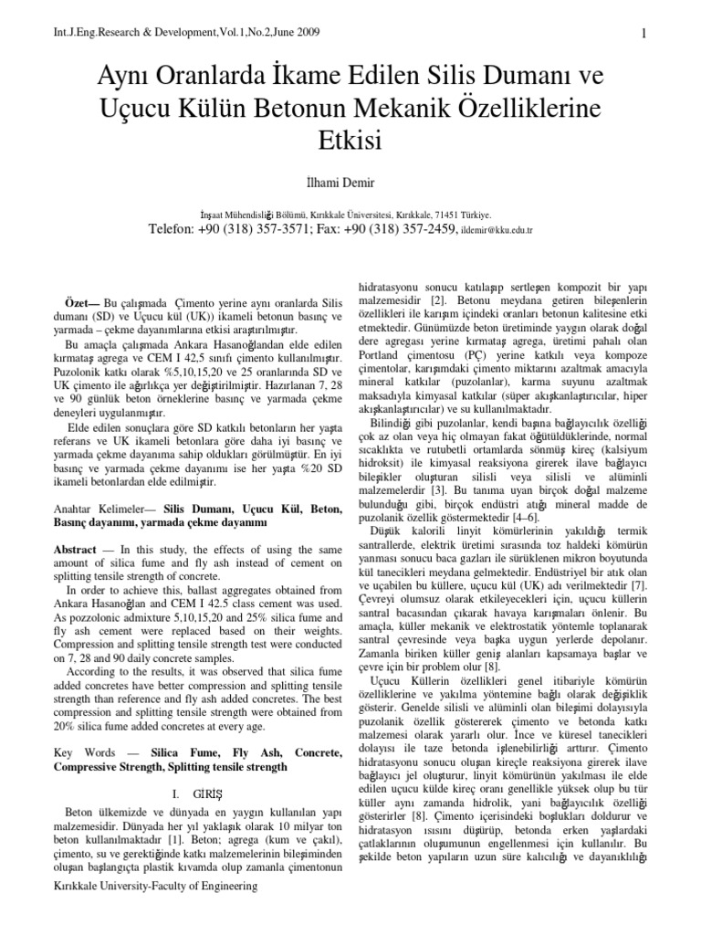 Aynı Oranlarda Đkame Edilen Silis Dumanı Ve Uçucu Külün Betonun Mekanik ...