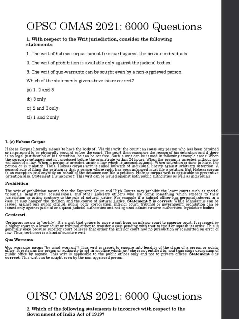 OPSC OMAS 2021 6000 Questions Set 1 | PDF | Habeas Corpus | Writ
