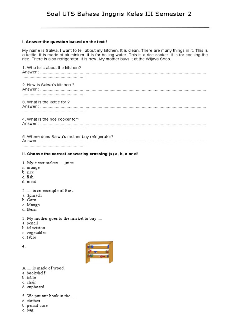 Soal PTS - UTS Bahasa Inggris Kelas 3 Semester 2 | PDF | Home | Food And Drink Preparation