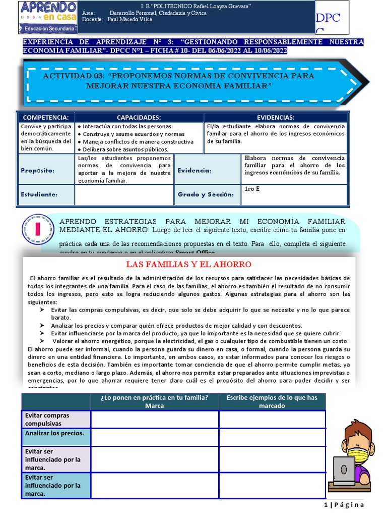 1° DPCC Ficha de Actividades 3 Exp 3 Urbano Alumno | PDF | Economias
