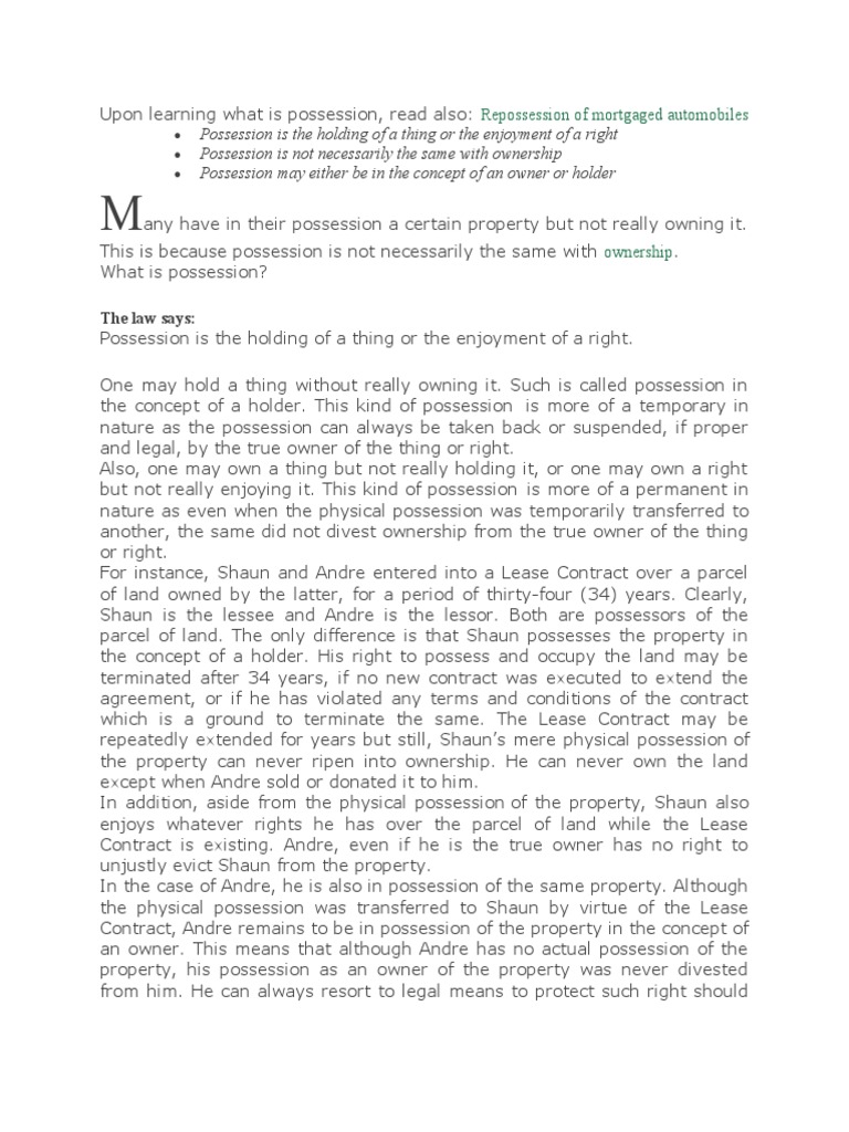 Concept of Owner Vs Concept of Holder | PDF | Possession (Law) | Lease