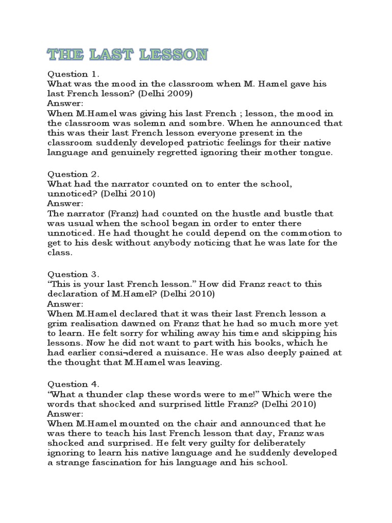 The Last Lesson Class 12 | PDF | Teachers | Classroom