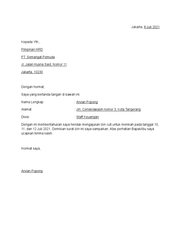 Contoh Surat Izin Cuti Menikah | PDF