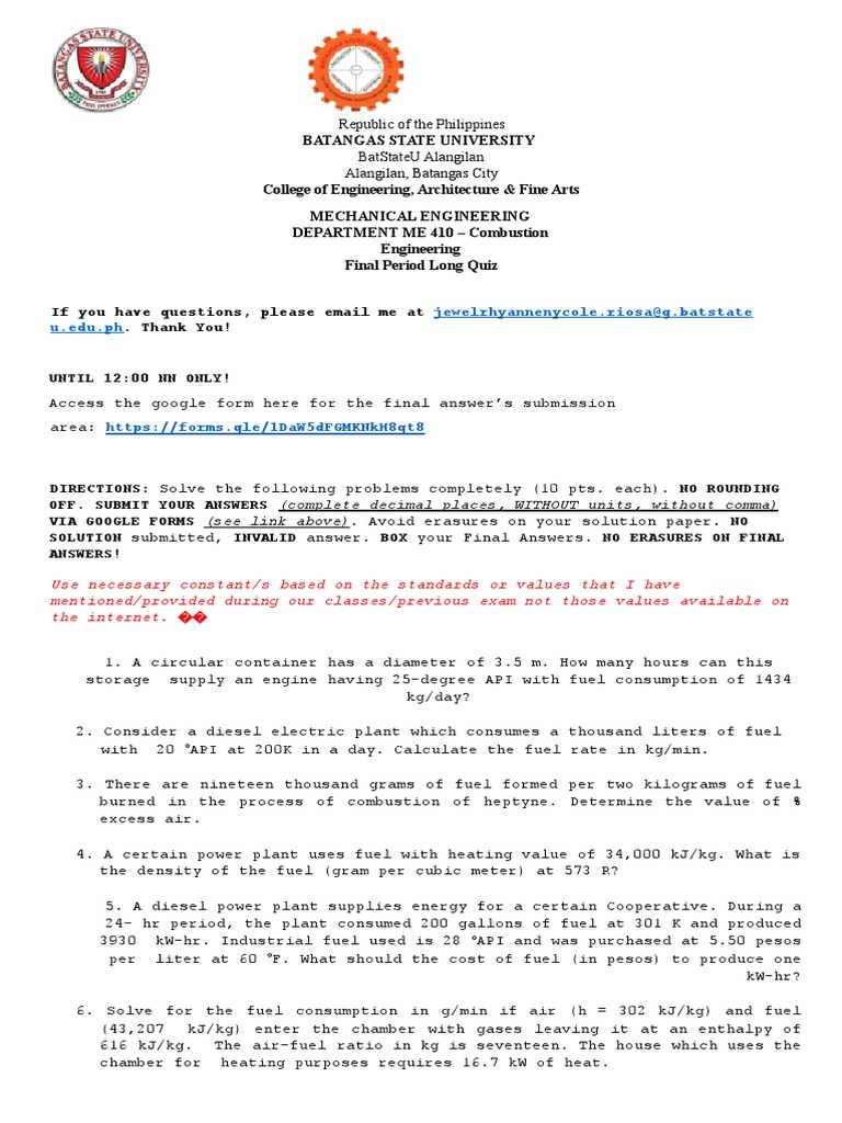 Final Period Long Quiz - ME 410 - 3101 | Download Free PDF | Fuels | Combustion