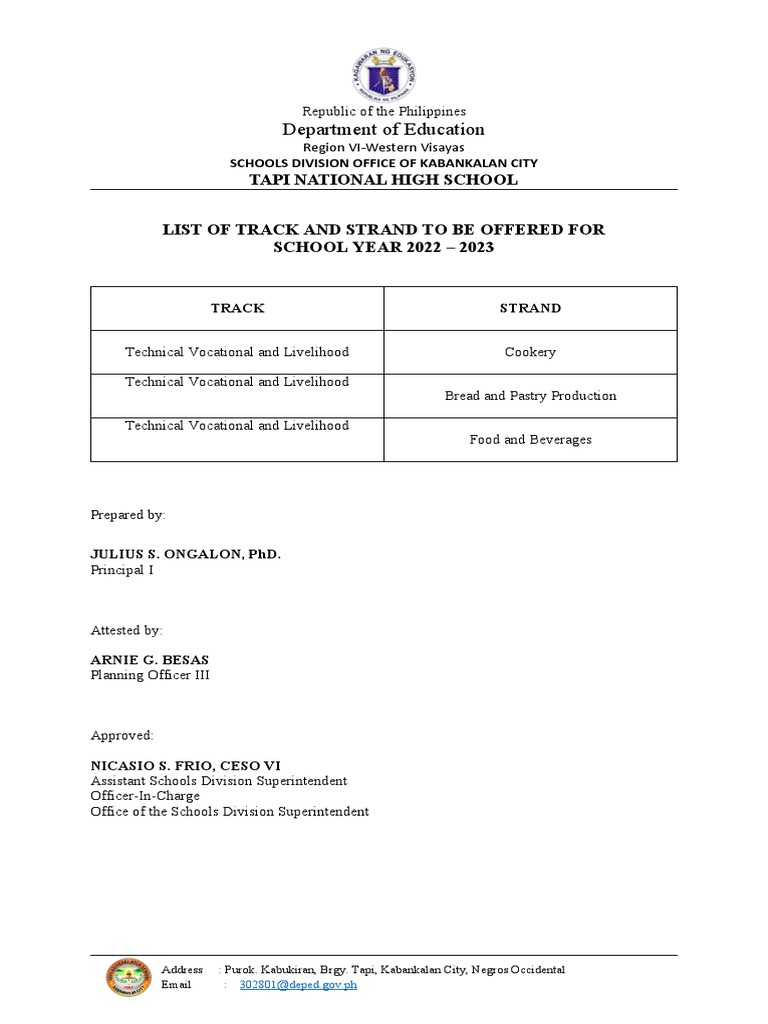 List of Track and Strand To Be Offered | PDF