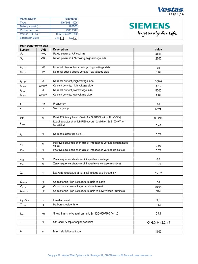 4000kVA 23kV TPS 0056 7547 50Hz Dyn5 A1 Siemens NEO-datasheet | PDF ...