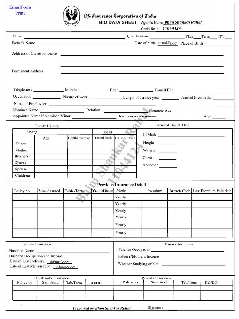 Lic Bio Data Form | PDF | Financial Risk | Financial Services