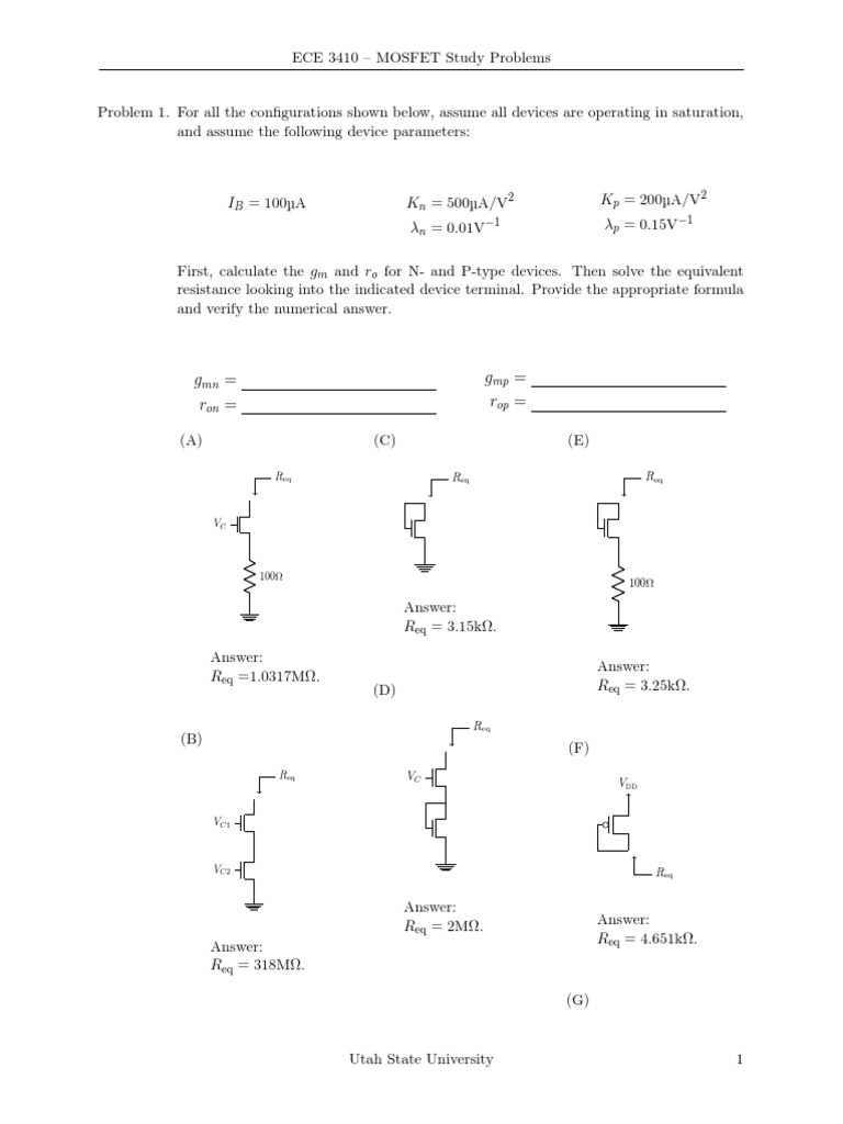 ECE 3410 - MOSFET Study Problems | PDF | Amplifier | Mosfet
