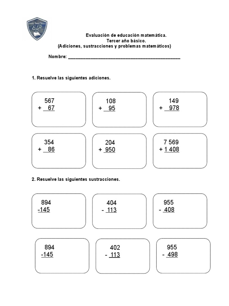Prueba de Adiciones y Sustracciones. | PDF
