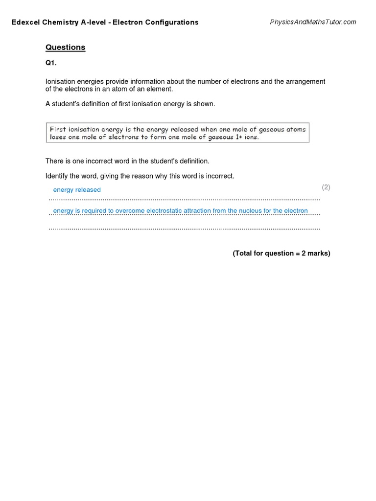 A-Level Chemistry: Electron Configurations Quiz | PDF | Electron ...