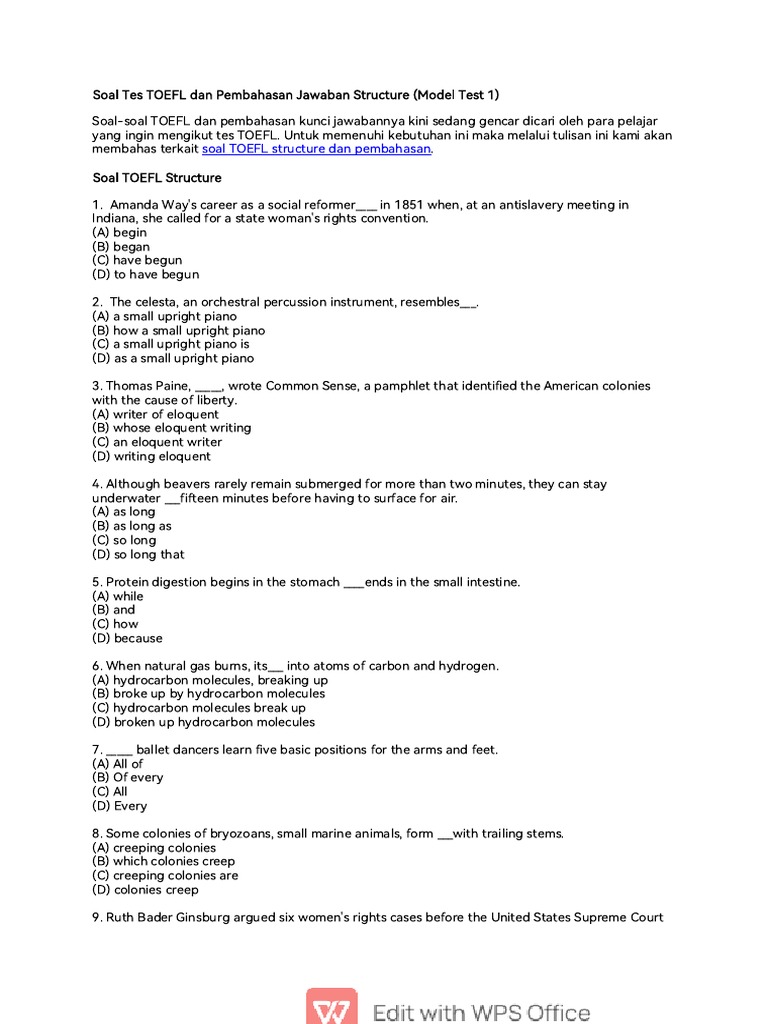 Soal Tes TOEFL Dan Pembahasan Jawaban Structure | PDF | Adjective | Verb