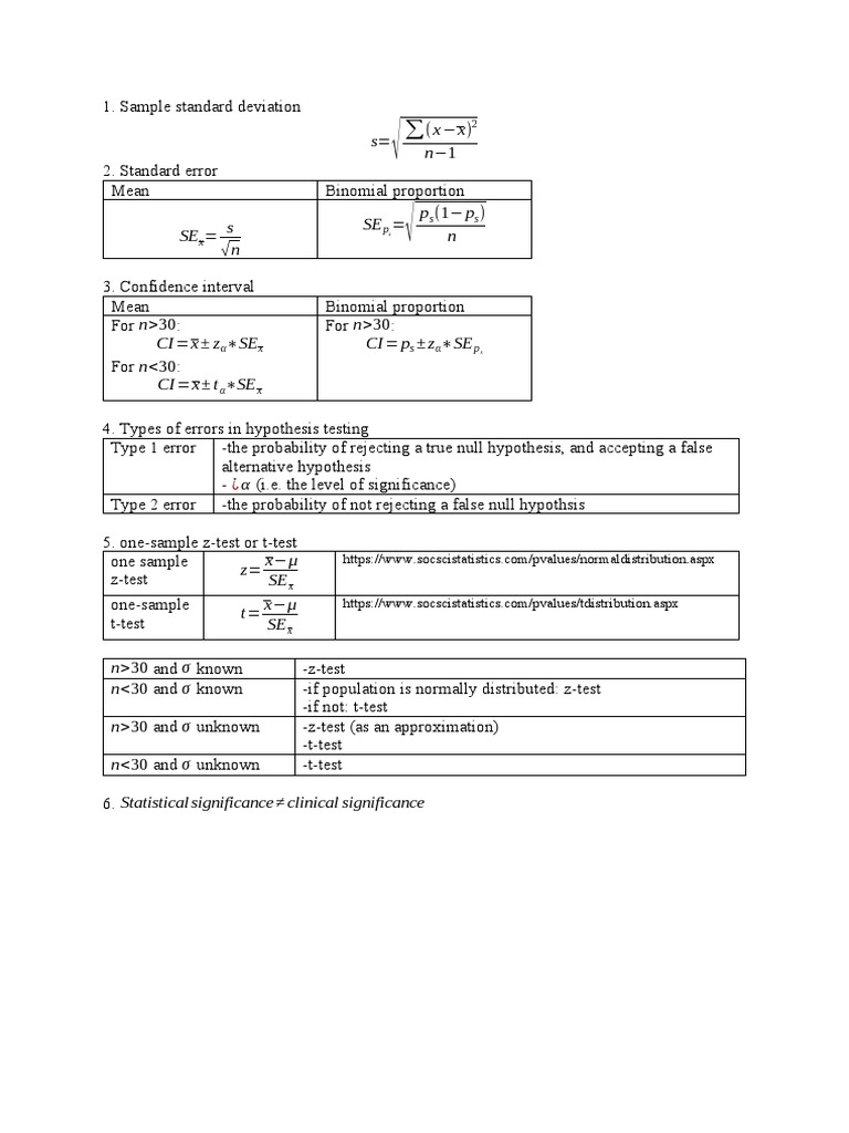 Cheetsheet For Biostatistics I | PDF