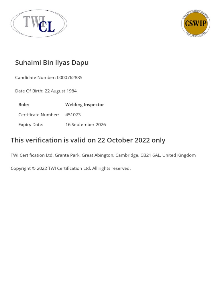 Verification - CSWIP | PDF