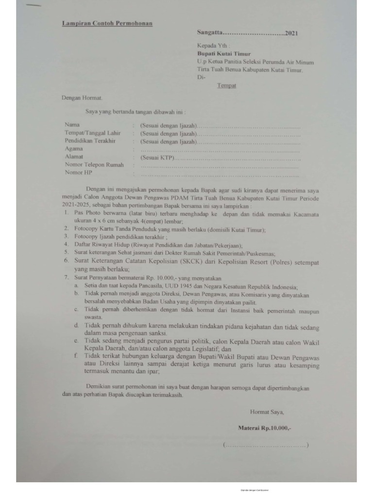 Contoh Form Surat Lamaran PDAM | PDF