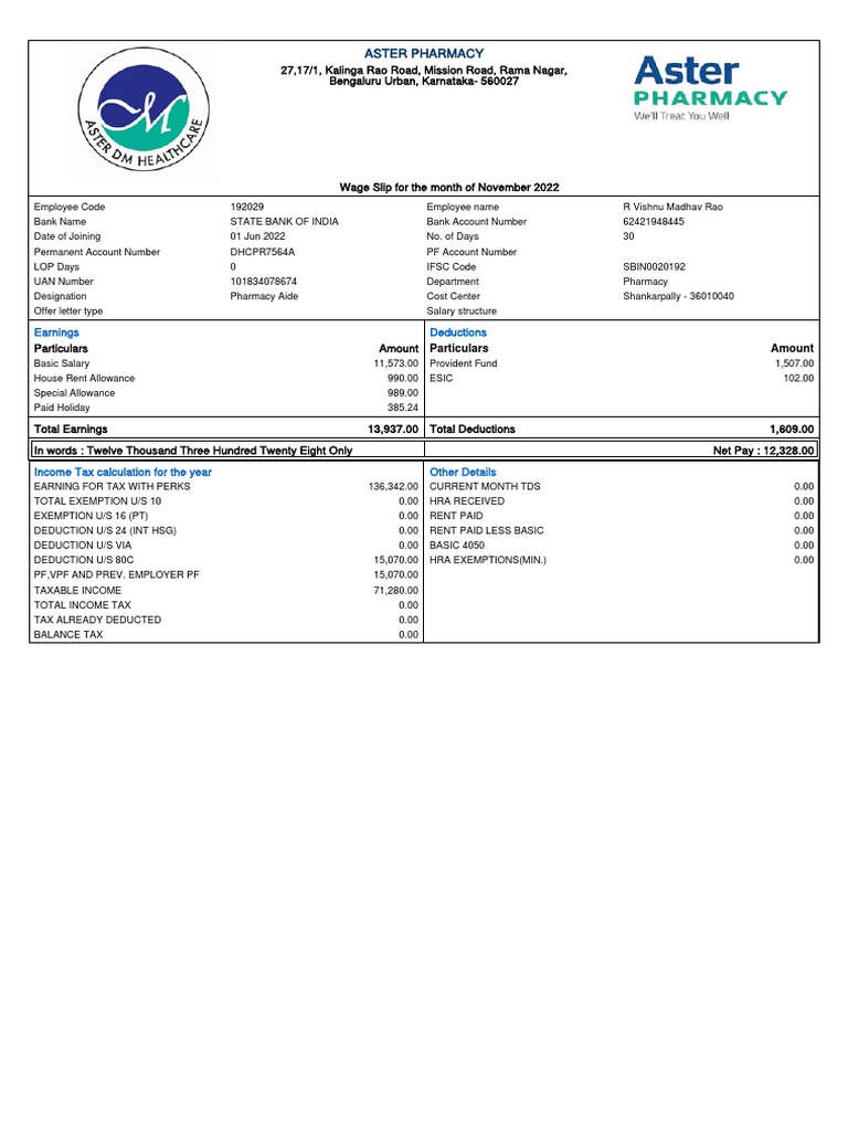 Aster Pharmacy: Earnings Deductions | PDF | Tax Deduction | Taxes