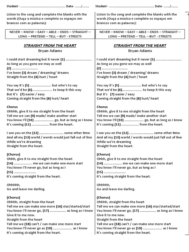 Bryan Adams: Straight from the Heart Lyrics | PDF