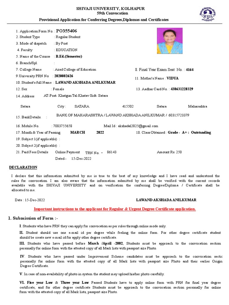 Shivaji University, Kolhapur Provisional Application For Conferring ...
