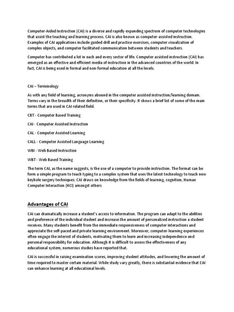 Advantages and Disadvantage of CAI | PDF | Educational Technology | Learning