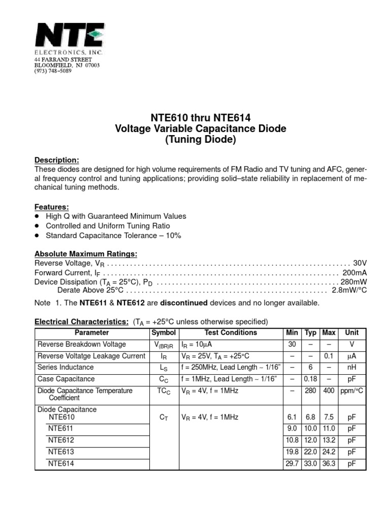 NTE610-NTE614 Tuning Diode Specs | PDF