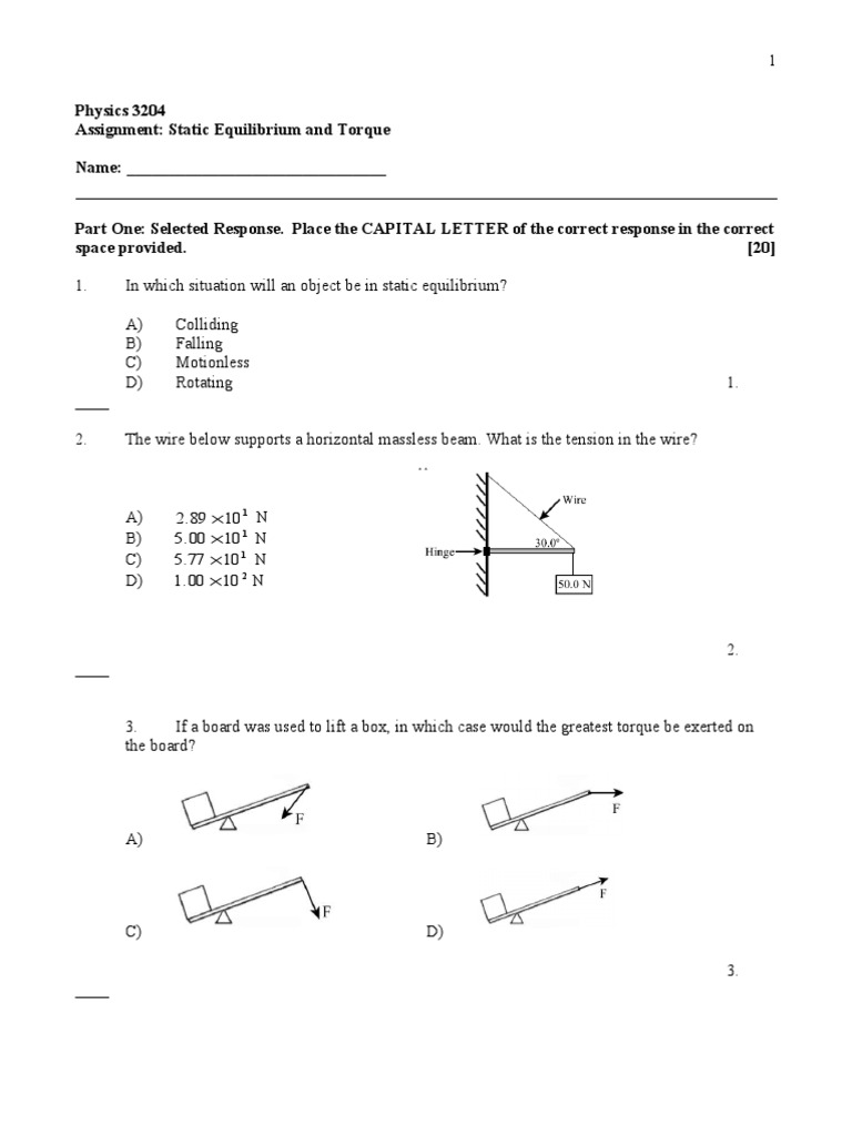 Static Equilibrium and Torque Assignment 2009-10 | PDF | Tension ...