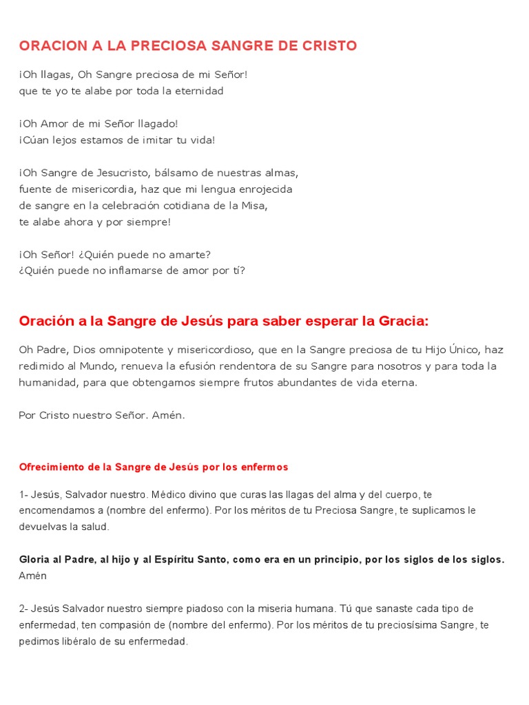 Oracion A La Preciosa Sangre De Cristo