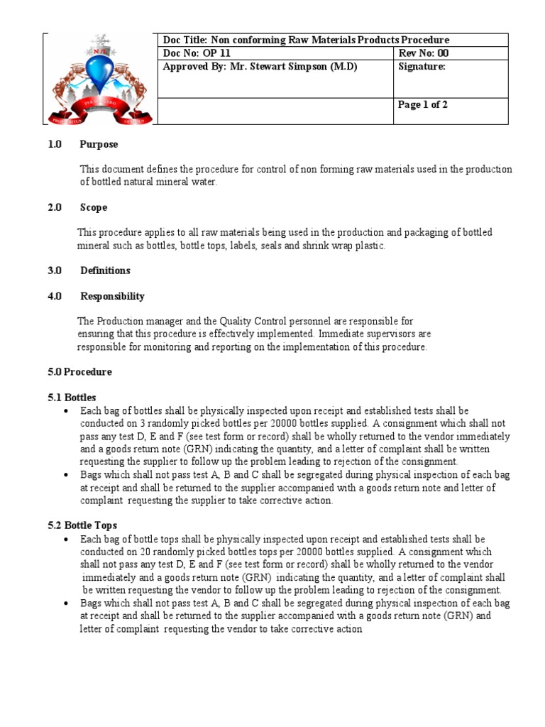 Non-Conforming Raw Materials Procedure | PDF