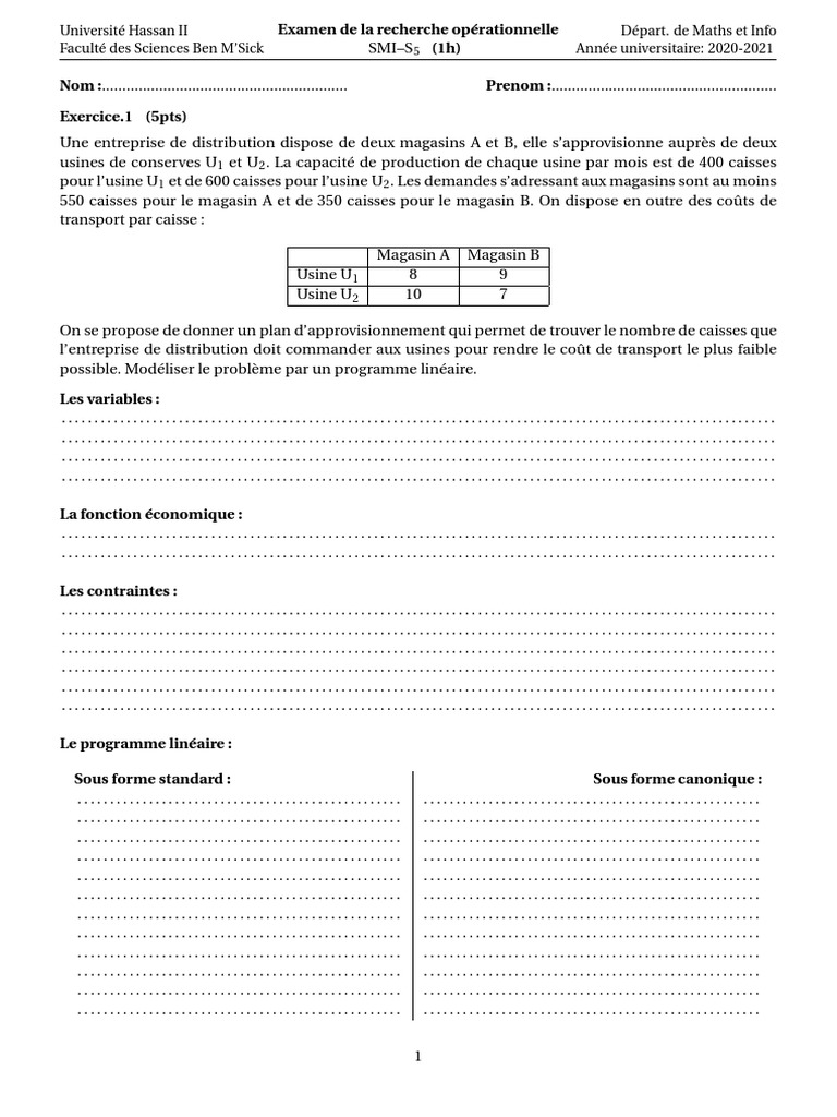 Examen RO Semestre5 2021 | PDF | Optimisation linéaire | Algorithmes et ...