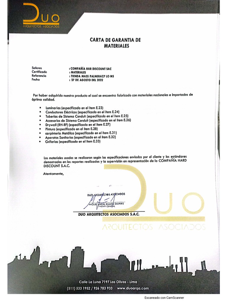 Carta de Garantia de Materiales | PDF