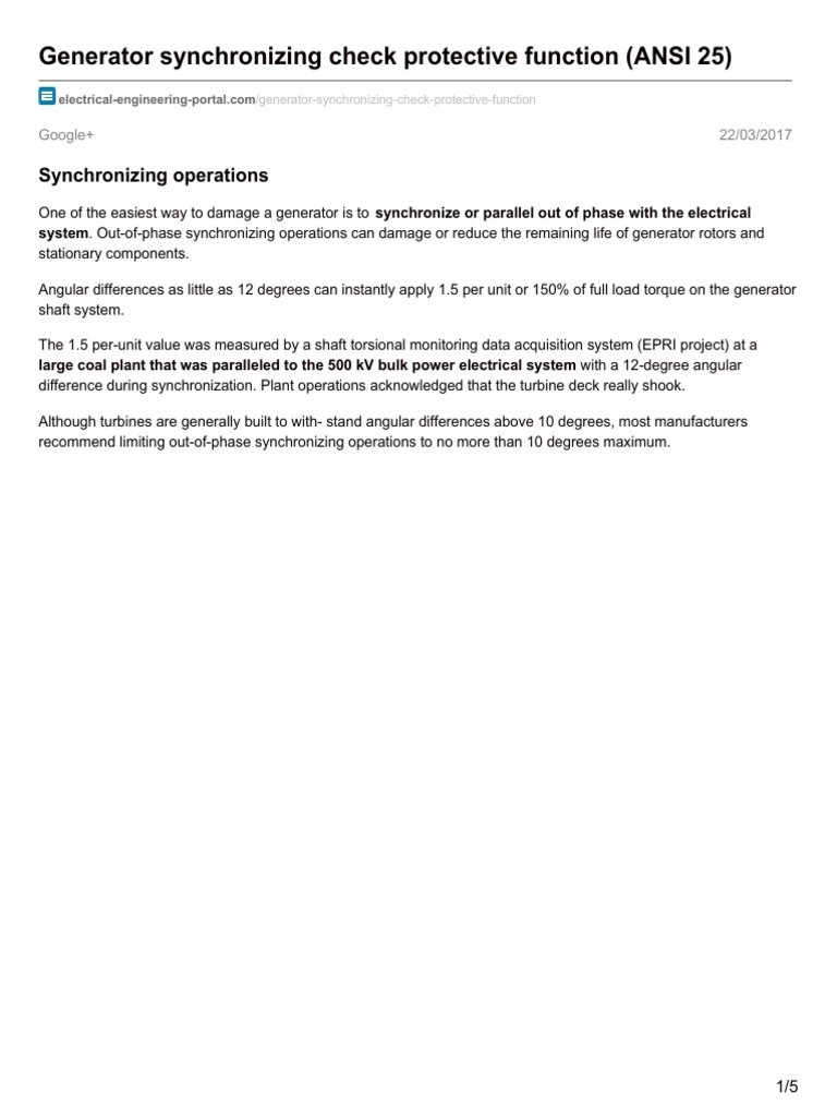 Generator Synchronizing Check Protective Function ANSI 25 | PDF | Relay ...