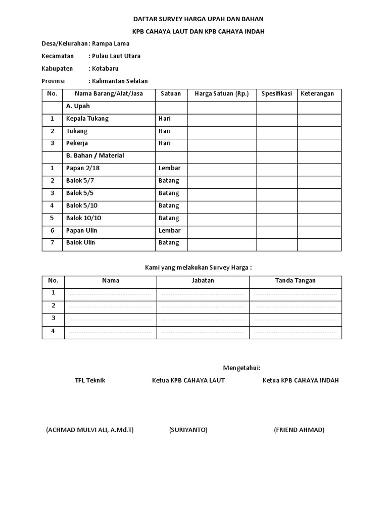 Daftar Survey Harga Upah Dan Bahan | PDF