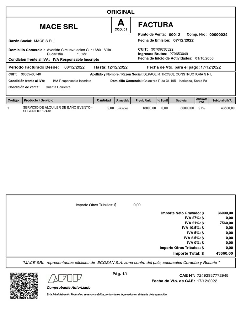 Mace SRL Factura: Original | PDF