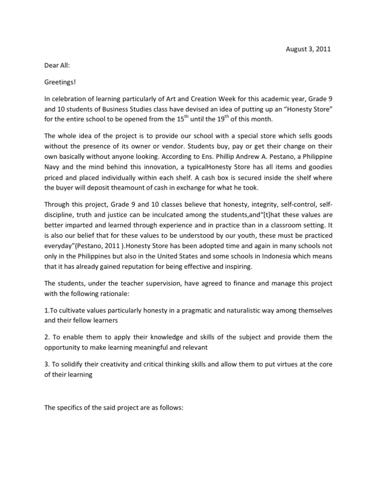 Honesty Store Proposal | PDF | Learning | Behavior Modification