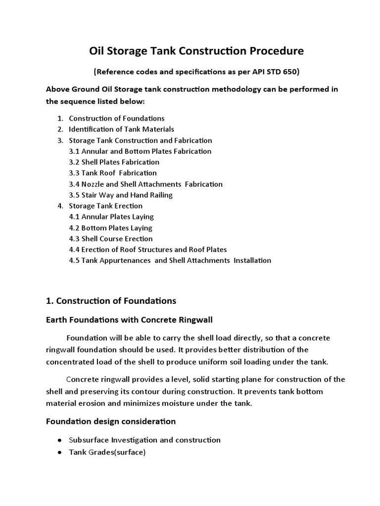 Oil Storage Tank Construction Procedure | PDF | Welding | Construction